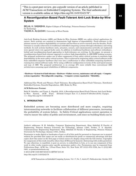 Pdf A Reconfiguration Based Fault Tolerant Anti Lock Brake By Wire System