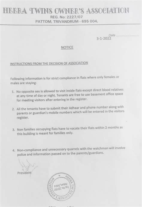 No Opposite Sex Allowed Inside Unmarried Tenants Should Leave Kerala RWA S Notice Sparks Outrage