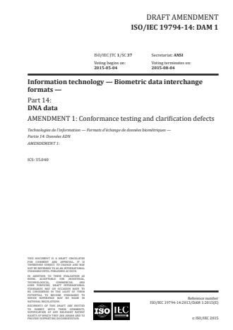 ISO IEC 19794 14 2013 Amd 1 2016 Information Technology Biometric Data Interchange Formats