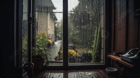 Window With Rain Drops On It Opens To A Room Background Rainy Day