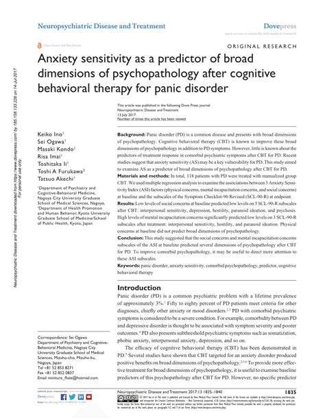 Pdf Anxiety Sensitivity As A Predictor Of Broad Dimensions Of Psychopathology After Cognitive