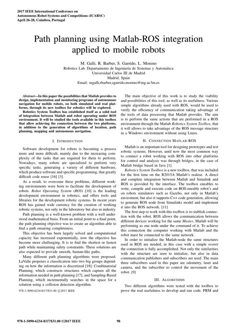 Pdf Path Planning Using Matlab Ros Integration Applied To Mobile Robots