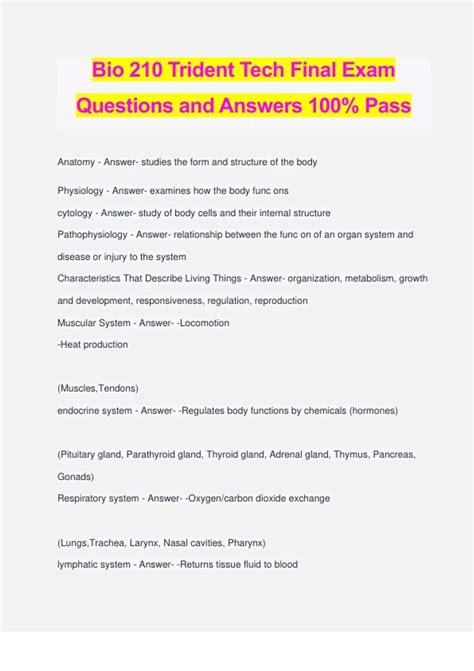 Bio 210 Trident Tech Final Exam Questions And Answers 100 Pass Bio