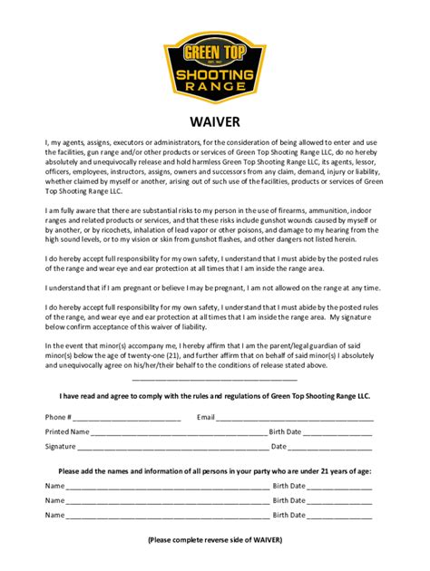 Fillable Online Liability Waiver For Green Top Shooting Range Llc Fax Email Print Pdffiller