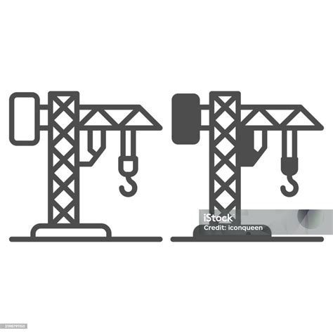 타워 크레인 라인과 솔리드 아이콘 건물 건설 개념 벡터 그래픽 흰색 배경에 후크 기호가 있는 대형 크레인 모바일 또는 웹 디자인을 위한 윤곽선 스타일 아이콘 강철에 대한