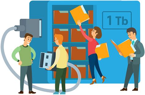 클라우드 스토리지 기술 개념입니다 정보가 있는 폴더를 온라인 저장 셀에 쌓는 사람들 개념에 대한 스톡 벡터 아트 및 기타 이미지 개념 개발 네트워크 서버 Istock