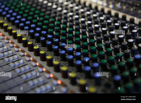 Professional Audio Mixer Panel With Volume Regulators And Faders Sound Mixing Console On