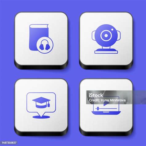 오디오 북 웹 카메라 말풍선의 졸업 모자 및 온라인 재생 비디오 아이콘을 설정합니다 흰색 사각형 버튼입니다 벡터 0명에 대한 스톡 벡터 아트 및 기타 이미지 Istock
