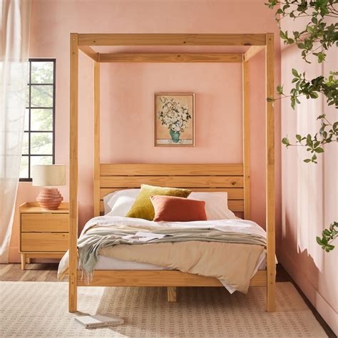 Walker Edison Minimalist Solid Wood Canopy Full Bed Natural