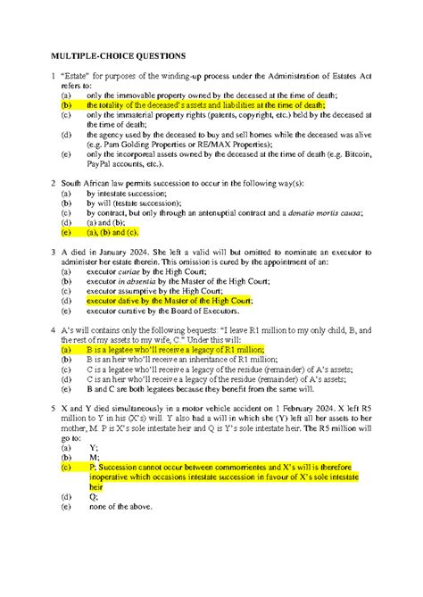 Law Of Succession Test 1 Memo Multiple Choice Questions 1 Estate” For Purposes Of The Winding