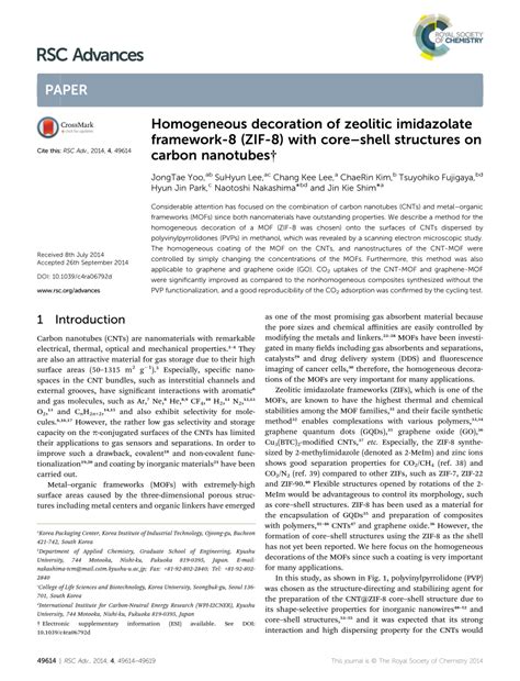 Pdf Homogeneous Decoration Of Zeolitic Imidazolate Framework 8 Zif 8 With Core Shell