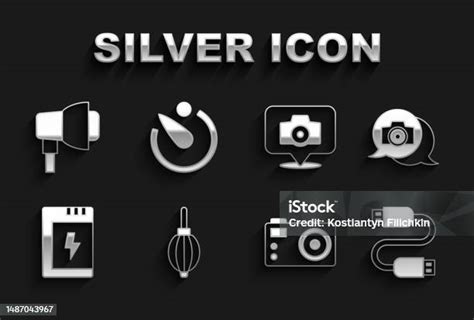 먼지 송풍기 사진 카메라 Usb 케이블 코드 배터리 소프트박스 조명 및 카메라 타이머 아이콘을 설정합니다 벡터 Usb 케이블에 대한 스톡 벡터 아트 및 기타 이미지 Istock