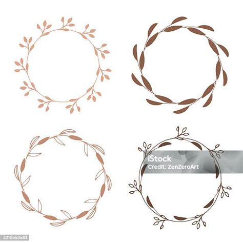 나뭇잎 분기 프레임 세트 개요 원 귀여운 꽃 화환 낙서 아트 스타일 디자인 테두리 벽지 손으로 그린 얼룩 브러시 스트로크 베이지