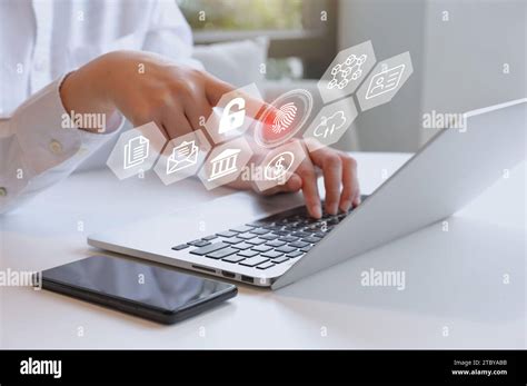 Woman Unlocking Security Lock By Fingerprint Recognition On A Holographic Screen Floating In The