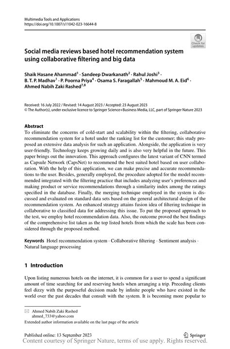 Social Media Reviews Based Hotel Recommendation System Using Collaborative Filtering And Big