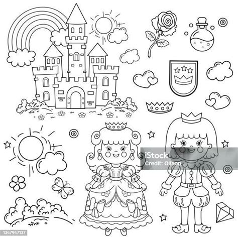 아름다운 공주와 만화 사랑스러운 왕자의 색칠 페이지 개요 로얄 캐슬 동화 영웅 또는 문자 아이들을위한 색칠 공부 아이에 대한 스톡 벡터 아트 및 기타 이미지 Istock