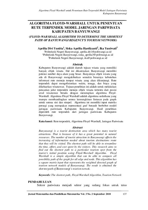 Pdf Algoritma Floyd Warshall Untuk Penentuan Rute Terpendek Model Jaringan Pariwisata