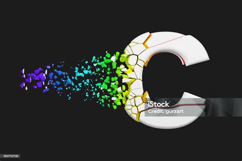 부서진된 무지개 빛깔의 알파벳 문자 C 깨진 대문자 짓 눌린된 화이트 고 레인 보우 폰트입니다 3d 렌더링에 고립 된 회색 배경 기둥 머리에 대한 스톡 사진 및 기타 이미지