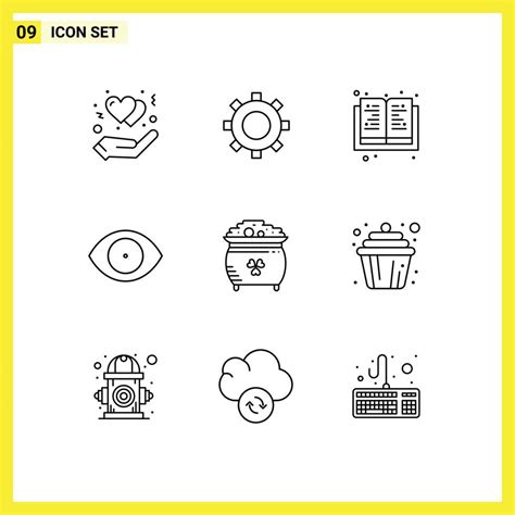 Group Of 9 Modern Outlines Set For Pot Coin Knowledge Clover Human Editable Vector Design