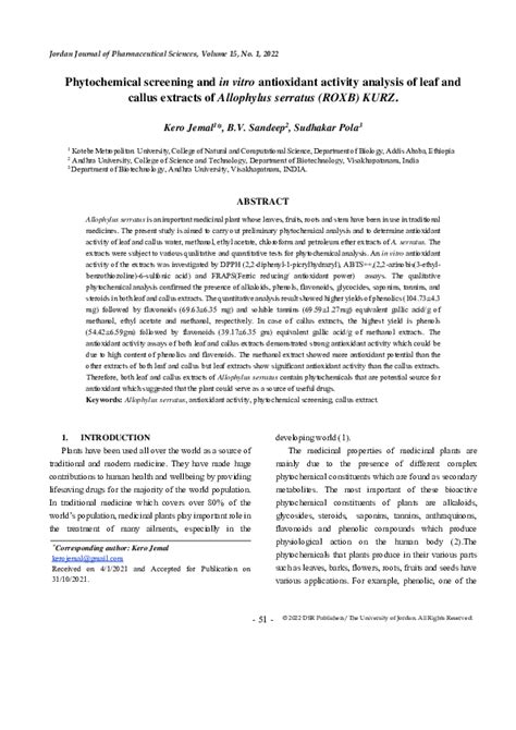 Pdf Phytochemical Screening And In Vitro Antioxidant Activity Analysis Of Leaf And Callus