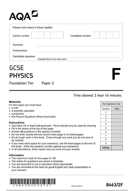 AQA GCSE PHYSICS FOUNDATION TIER PAPER 2 Nel 2024