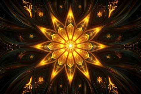 Radiant Golden Kaleidoscopic Design With Glowing Symmetrical Patterns Resembling A Starburst