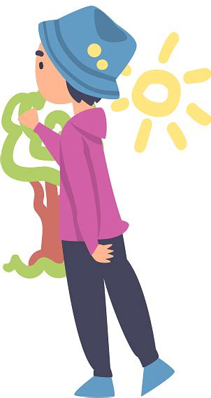 벽에 태양과 나무를 그리는 귀여운 소년 화려한 분필 연필과 크레용과 아이 그림 만화 스타일 벡터 일러스트 뒤에서 보기 독일에 대한 스톡 벡터 아트 및 기타 이미지 Istock