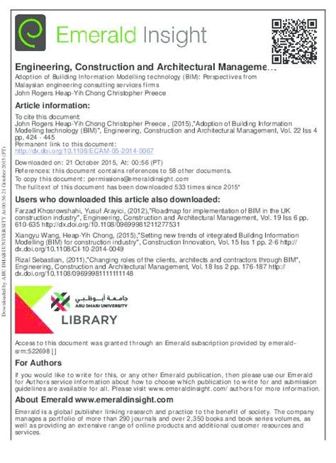 Pdf Adoption Of Building Information Modelling Technology Bim