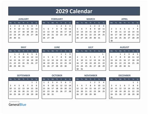 2029 Yearly Calendar Templates With Monday Start