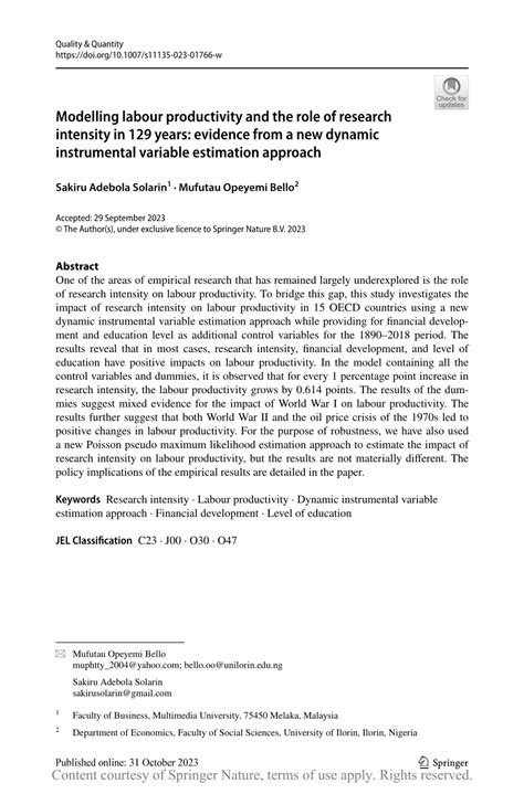 Modelling Labour Productivity And The Role Of Research Intensity In 129 Years Evidence From A