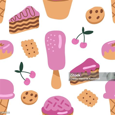 과자의 원활한 패턴 체리 과자 컵 케이크 아이스크림 도넛 체리 개체 그룹에 대한 스톡 벡터 아트 및 기타 이미지 개체 그룹 귀여운 냉동식품 Istock