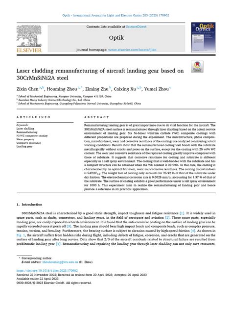 Laser Cladding Remanufacturing Of Aircraft Landing Gear Based On 30crmnsini2a Steel Pdf
