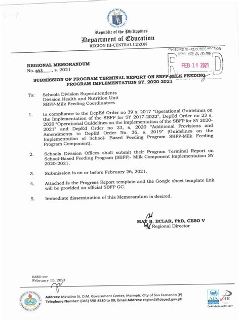 Rm No 048 S 2021 Submission Of Program Terminal Report On Sbfp Milk Feeding Program