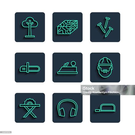 세트 라인 전기 원형 톱 헤드폰 쇠톱 금속 못 나무 비행기 도구 전기 톱 나무 및 벌목꾼 아이콘 벡터 가루로 빻은에 대한 스톡 벡터 아트 및 기타 이미지 Istock