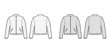 롱 슬리브 스탠드 칼라 지퍼 업 클로저 포켓 엉덩이 길이가있는 다운 퍼퍼 재킷 기술 패션 일러스트레이션 0명에 대한 스톡 벡터 아트 및 기타 이미지 Istock