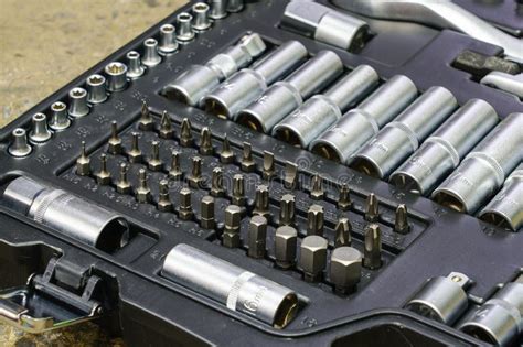 Tool Box Tool Kit Closeup With Set Of Hex Torx And Screwdriver Bits And Ratchet Heads Stock