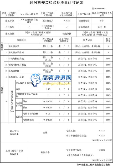 鲁TK 064通风机安装检验批质量验收记录 品茗逗逗网 品茗施工软件服务平台