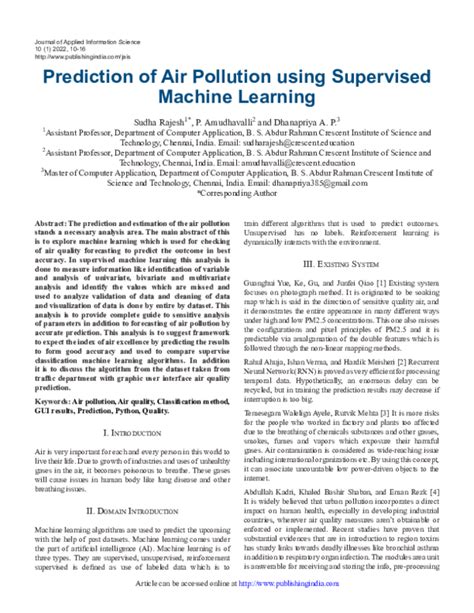 Pdf Prediction Of Air Pollution Using Supervised Machine Learning