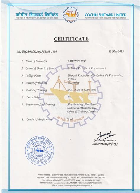 Adithyan Vinod On Linkedin Hey All Completed The Internship At Cochin Shipyard Limited It Was A