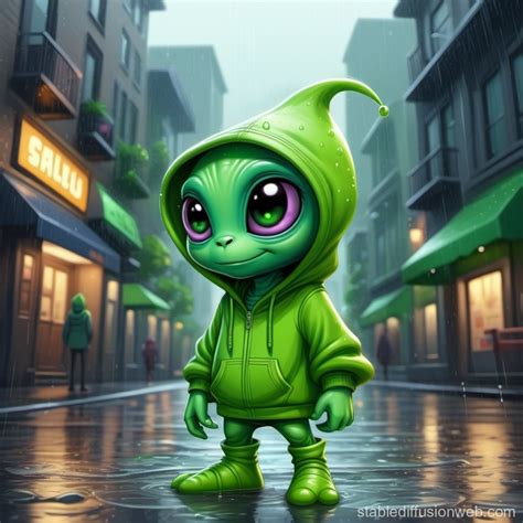 3d Rendered Alien In Rainy City Wearing Hoodie Stable Diffusion Online