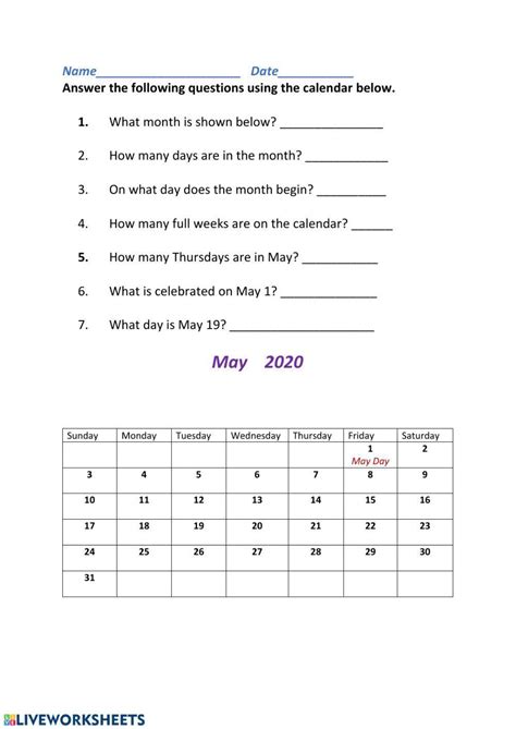 Worksheet On Calendar For Class 1