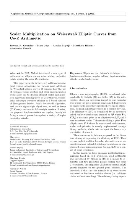 pdf scalar multiplication on weierstraß elliptic curves from co z arithmetic