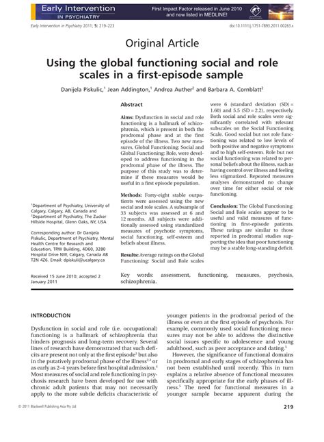 Pdf Using The Global Functioning Social And Role Scales In A First Episode Sample