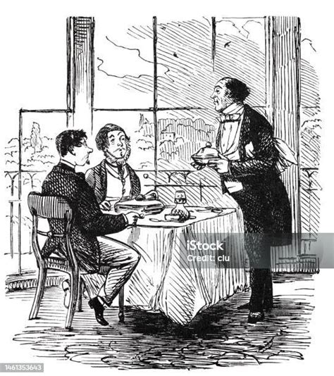 웨이터는 큰 창문이있는 식당에서 두 남자를 제공합니다 1890 1899 년에 대한 스톡 벡터 아트 및 기타 이미지 1890