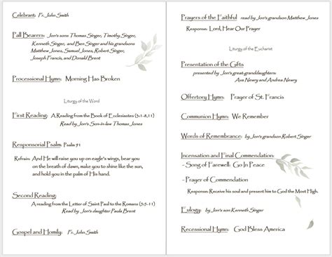 Soft Leaves Funeral Mass Programs Mass Booklets