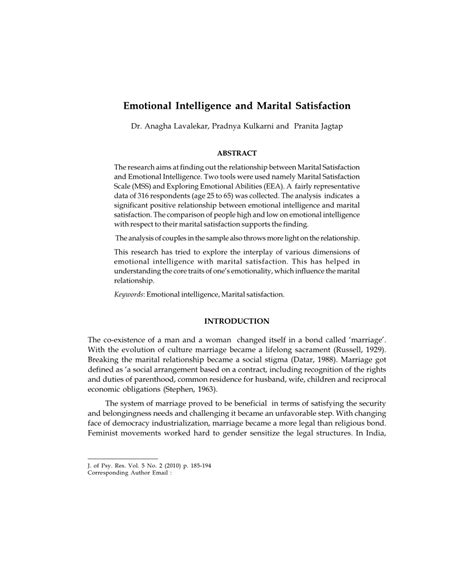 Pdf Emotional Intelligence And Marital Satisfaction