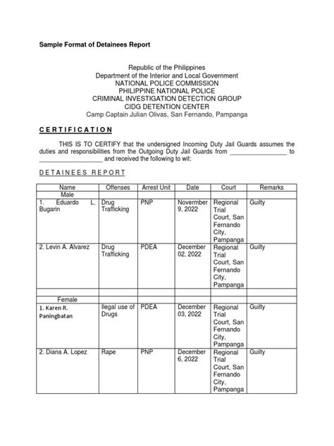 Sample Format Of Detainees Report 1 12 Download Free Pdf