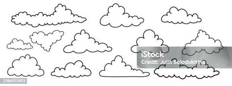 귀여운 구름 세트입니다 색칠 공부 하늘에 선형 만화 구름의 벡터 그림 Doodle은 기어가는 구름을 윤곽선으로 그립니다 하늘