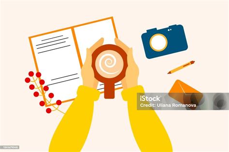 커피 한 잔을 마시는 여자의 벡터 그림 티 커피 브레이크 머그컵 테이블 탑 뷰 귀여운 요소와 가을 귀여운 일러스트 가을에 대한 스톡 벡터 아트 및 기타 이미지 Istock