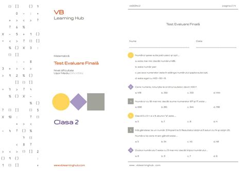 Clasa 2 Matematică Test Recapitulare Finală Ușormediu 4 Pagini Vb Learning Hub